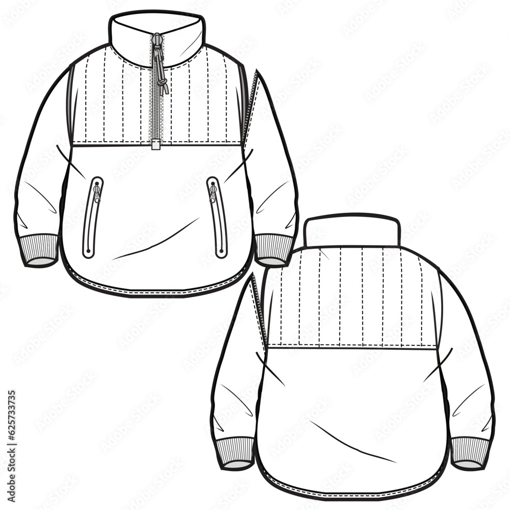 Girls jacket front and back view technical flat sketch vector template ...