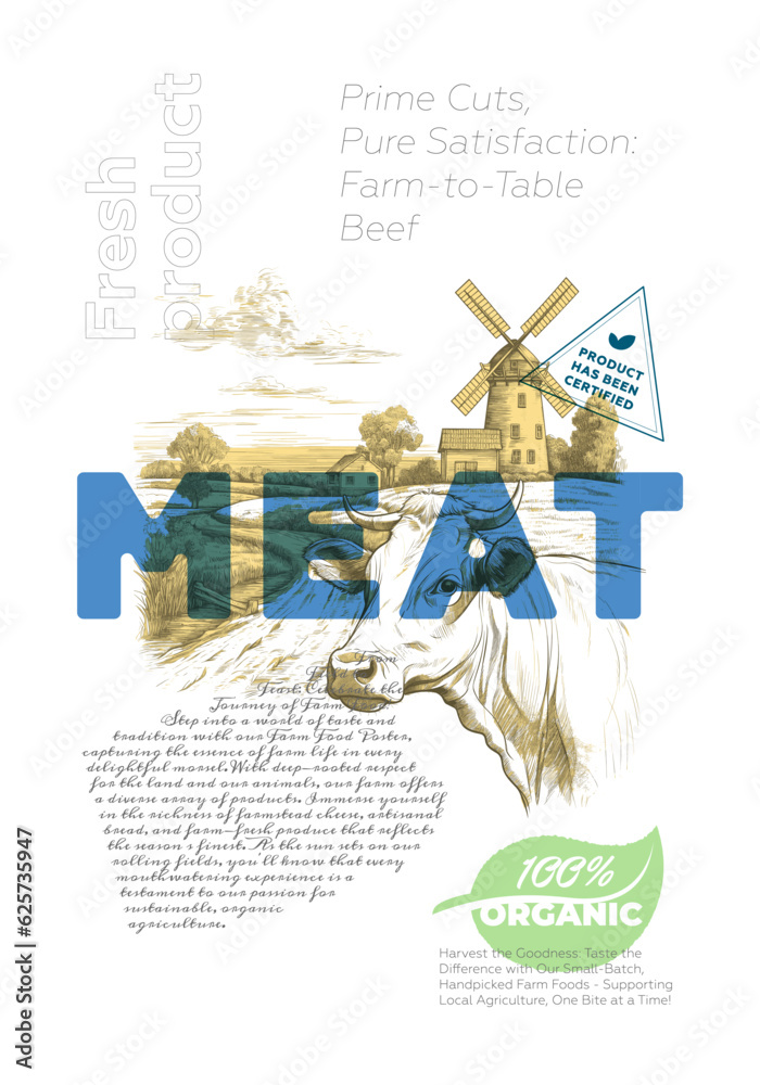 Beef shop poster. Vintage sketch cow head on village mill backdrop ...