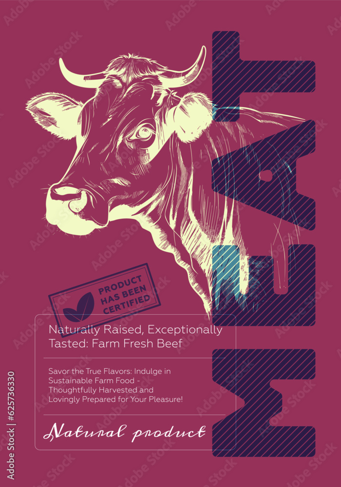 Beef shop poster. Vintage sketch cow head on colored background ...