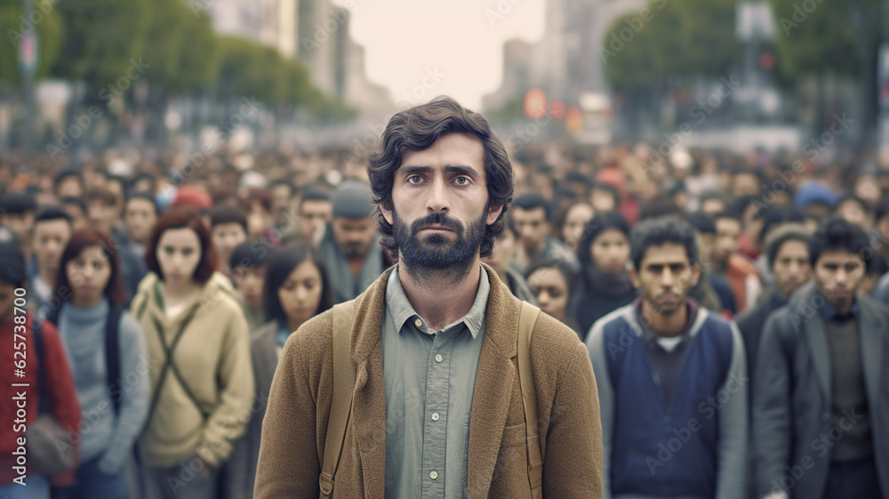 stands as a pedestrian in the middle and in front of a crowd in a big ...