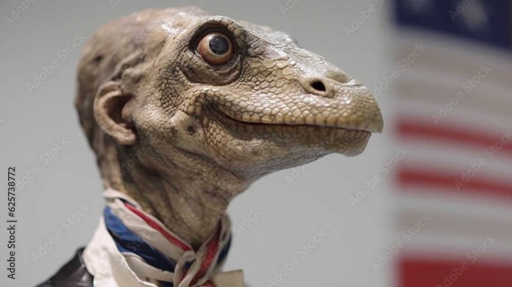 reptilian alien human wearing a suit, flag of America USA in the ...