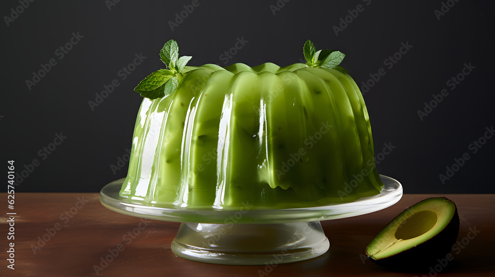 A Bundt-shaped jello mold filled with avocado, a layer of milky white ...