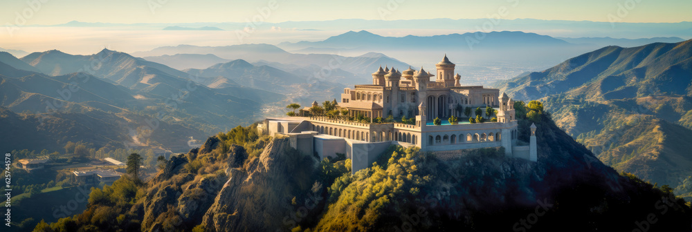 A fictional ancient imposing castle on a huge mountain range. The ...