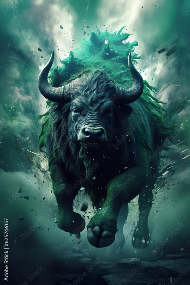 Epic image of animal in hyper realism. Image of an angry bull wild ...