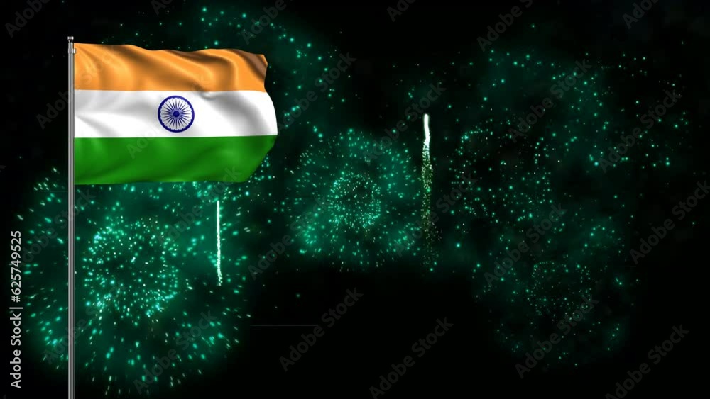 India Flag Background with flagpole and fireworks. India Flag Waving ...