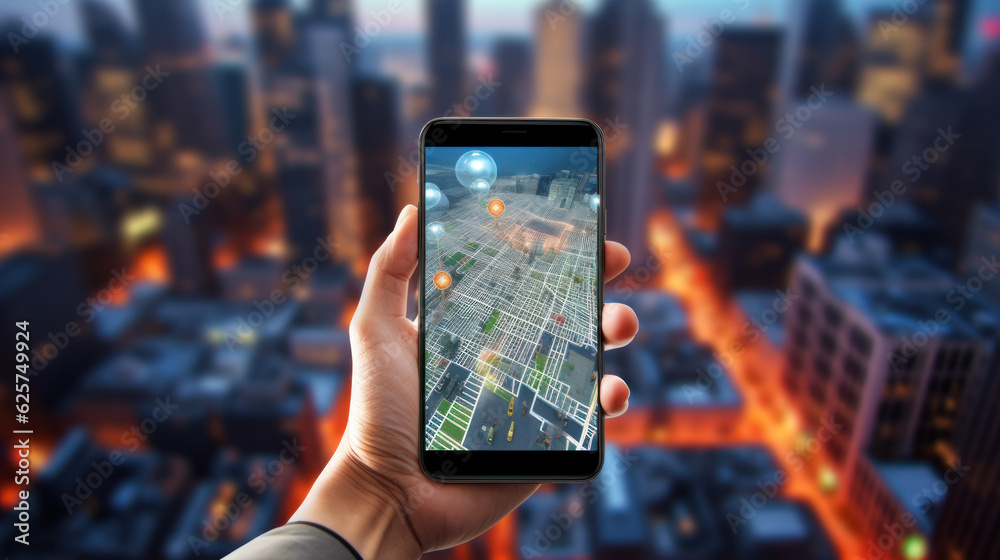 Mobile phone online map with big city lights on background. Gps map ...