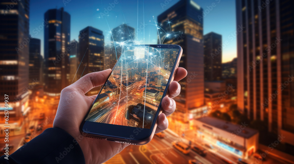 Mobile phone online map with big city lights on background. Gps map ...