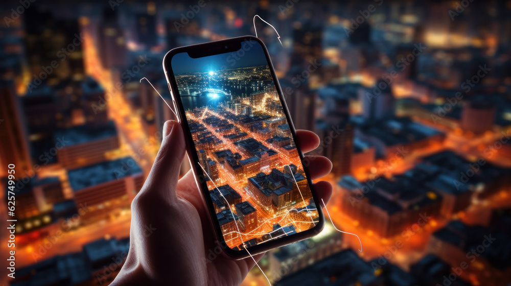 Mobile phone online map with big city lights on background. Gps map ...