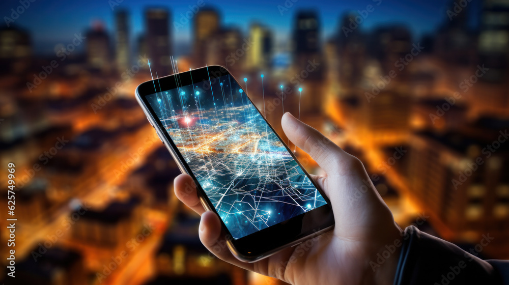 Mobile phone online map with big city lights on background. Gps map ...