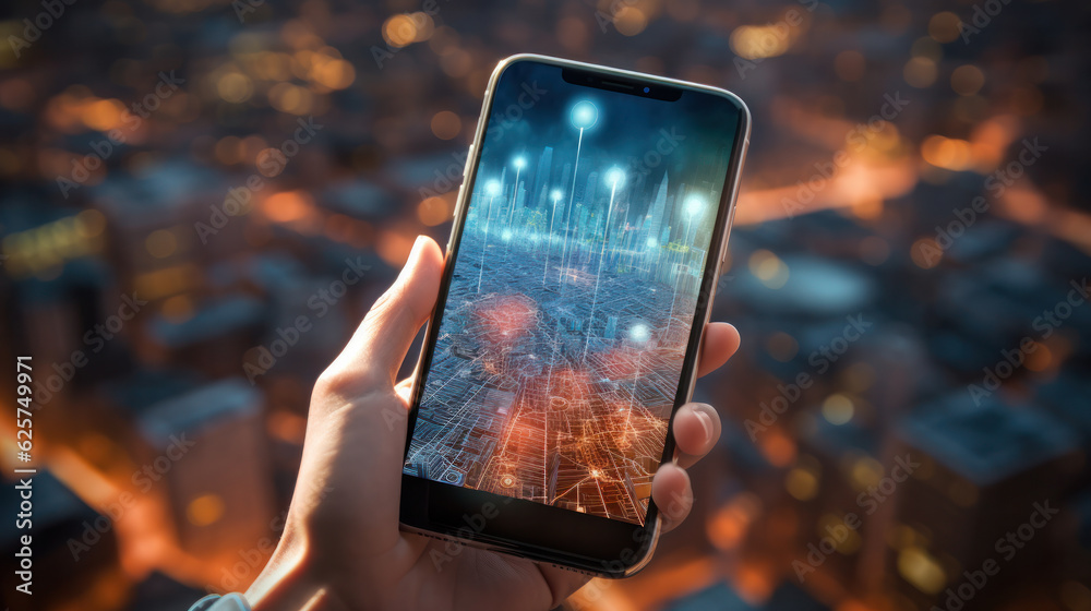 Mobile phone online map with big city lights on background. Gps map ...