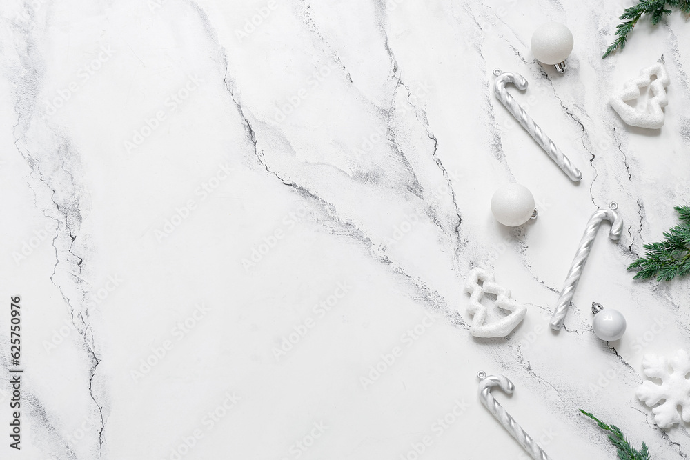 Different Christmas decorations on white marble background Stock Photo ...