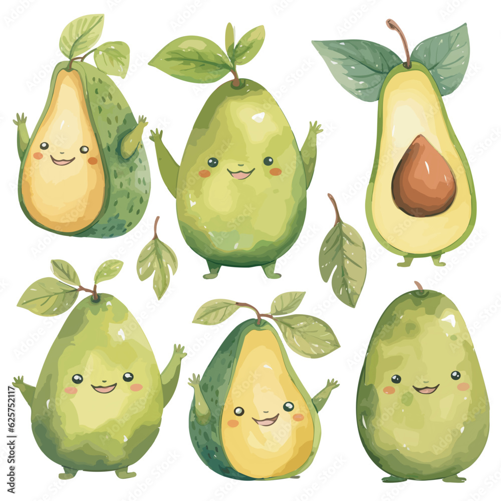 Watercolor Cute Avocado clipart for graphic resources Stock Vector ...