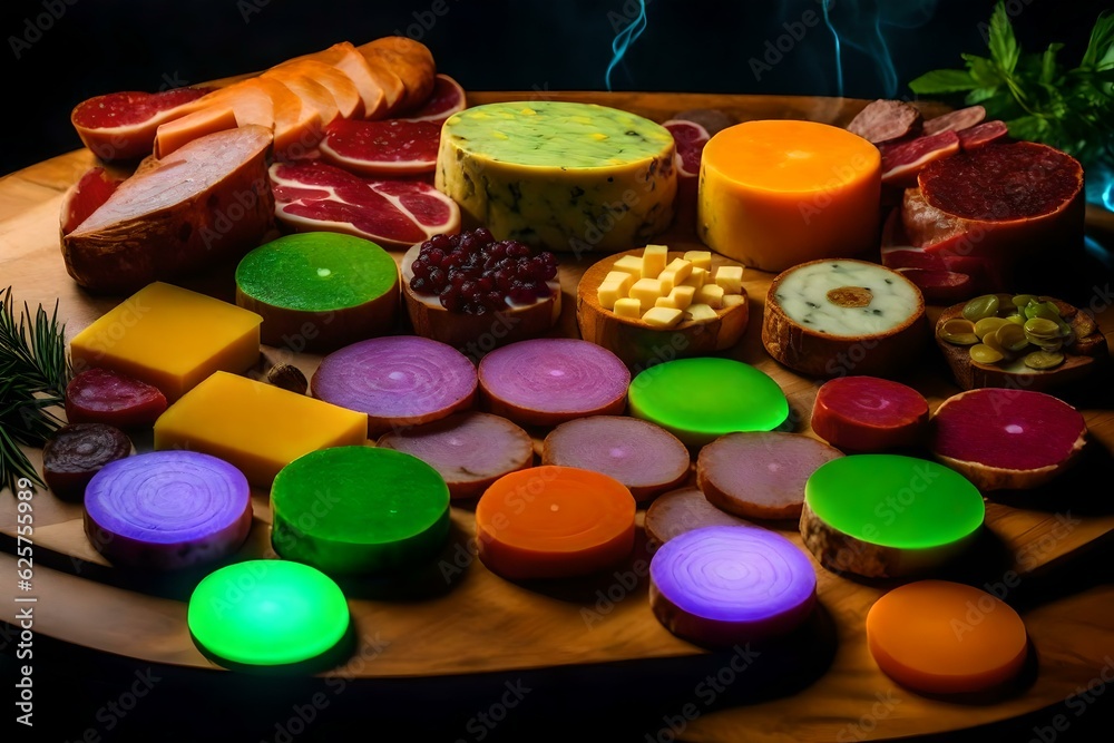 charcuterie board with multicolored alien cheeses, with glowing mold ...