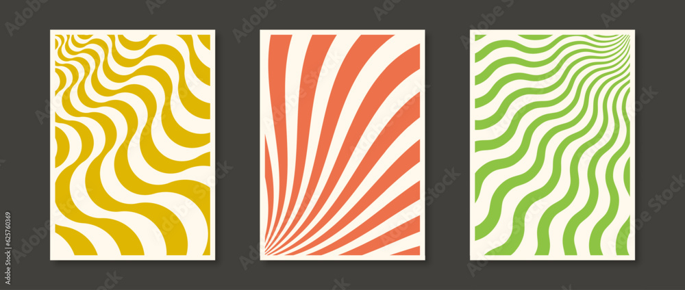Retro wave lines and sunbursts backgrounds set. Trippy wavy stripes and ...
