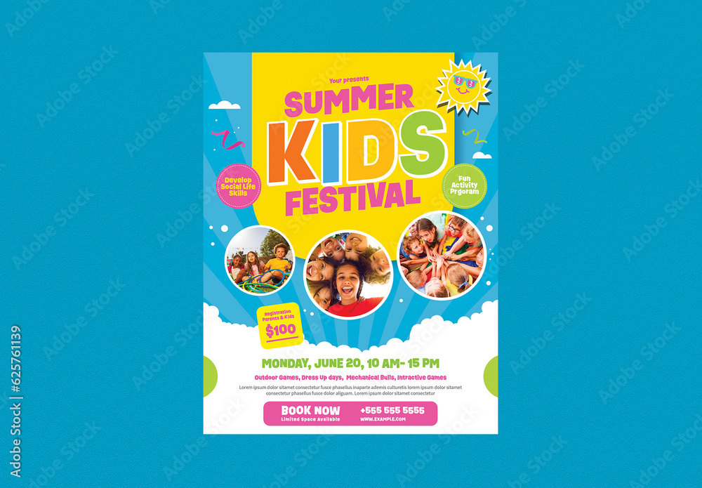 Colorful Summer Kids Camp Event Flyer Stock Template | Adobe Stock