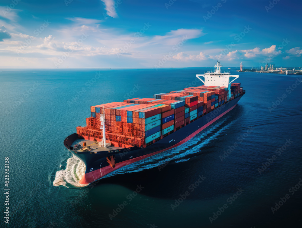 Aerial side view of cargo ship carrying container and running for ...
