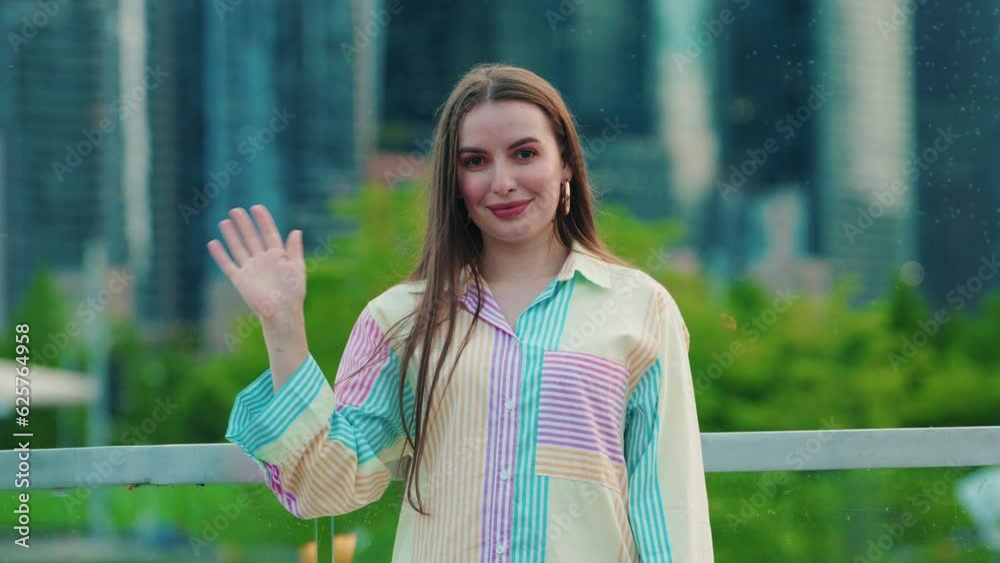 pretty girl in chicago USA waving hand as a farewell, the beautiful ...