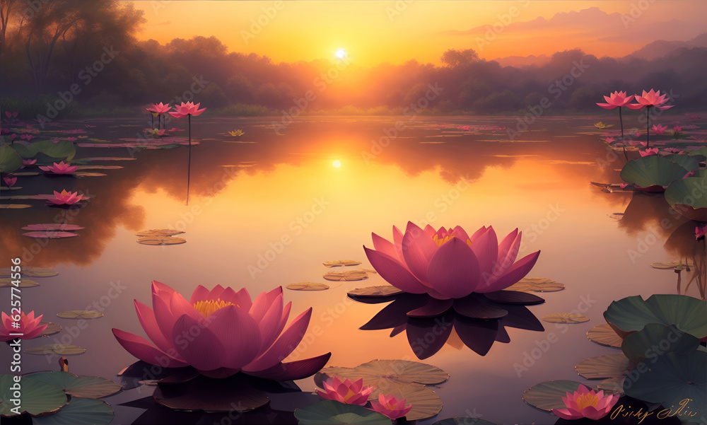 sunset over the Lotus Pond illustration, generative ai Stock Photo ...