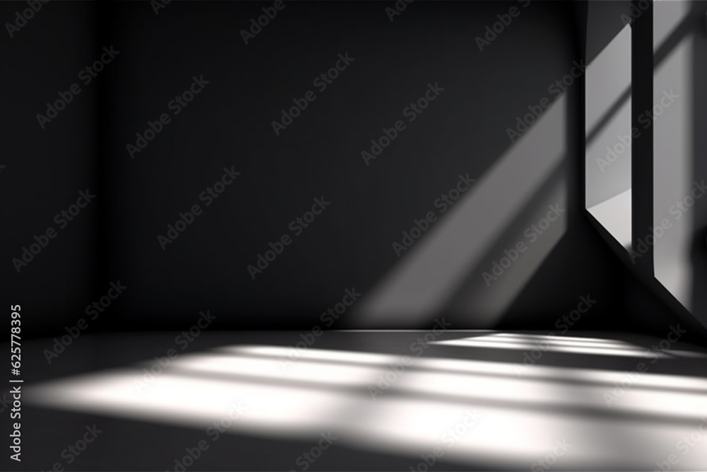 Black wall and smooth floor with beautiful window shadow and sun glare ...