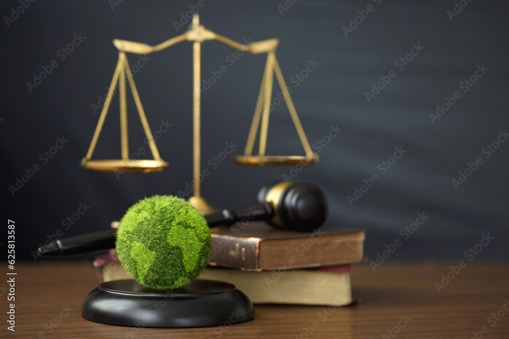 International Law and Environment Law. Green World and gavel with scales of justice and books ...
