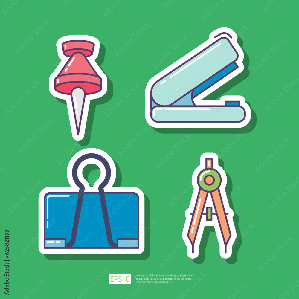 Paper pushpin, office stapler, architecture compass, paper binder clip ...