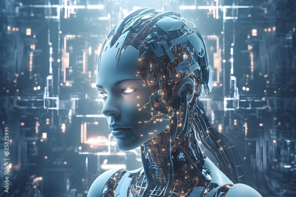 Artificial intelligence humanoid robot, cyborg with illuminated electric circuit on glowing tech ...