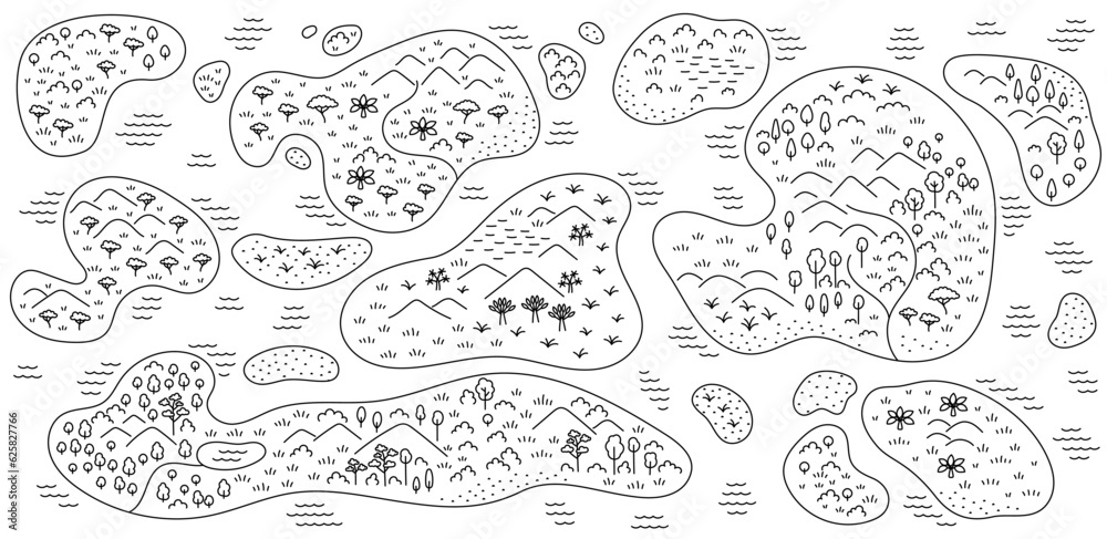 Poster Fictional islands map sketch. Editable outline. Vector line ...