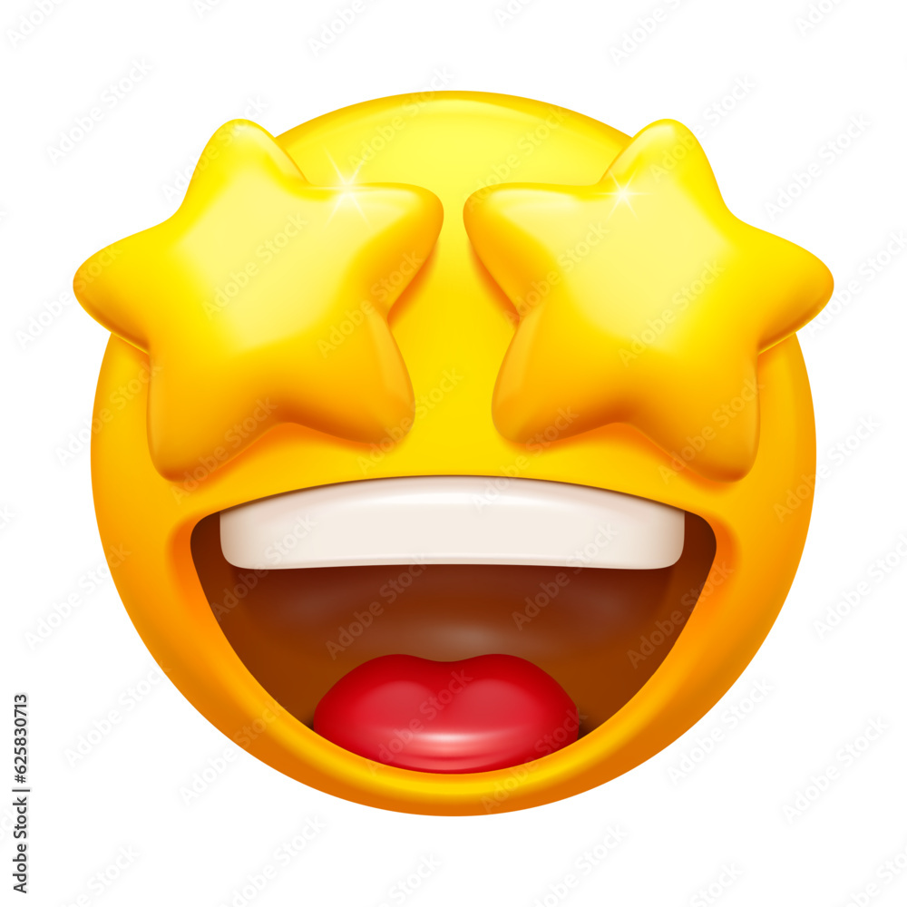 Starry eyed emoji. Excited emoticon face with yellow star shaped eyes ...