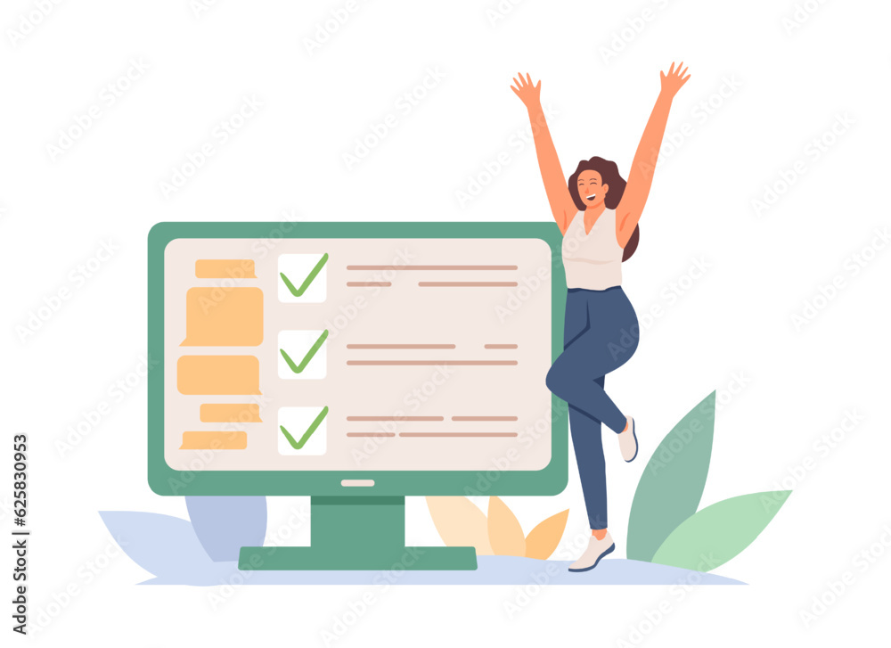 Female standing near big screen and check finished tasks. Successful ...