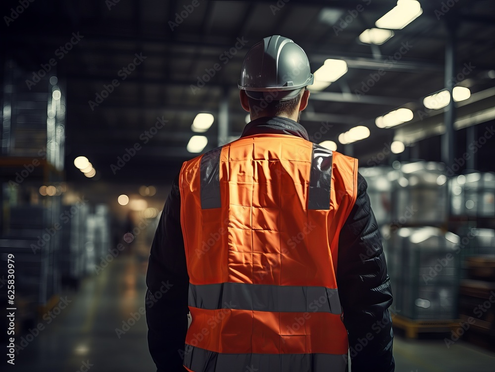 A factory worker man wearing an orange work vest and grey safety helmet ...