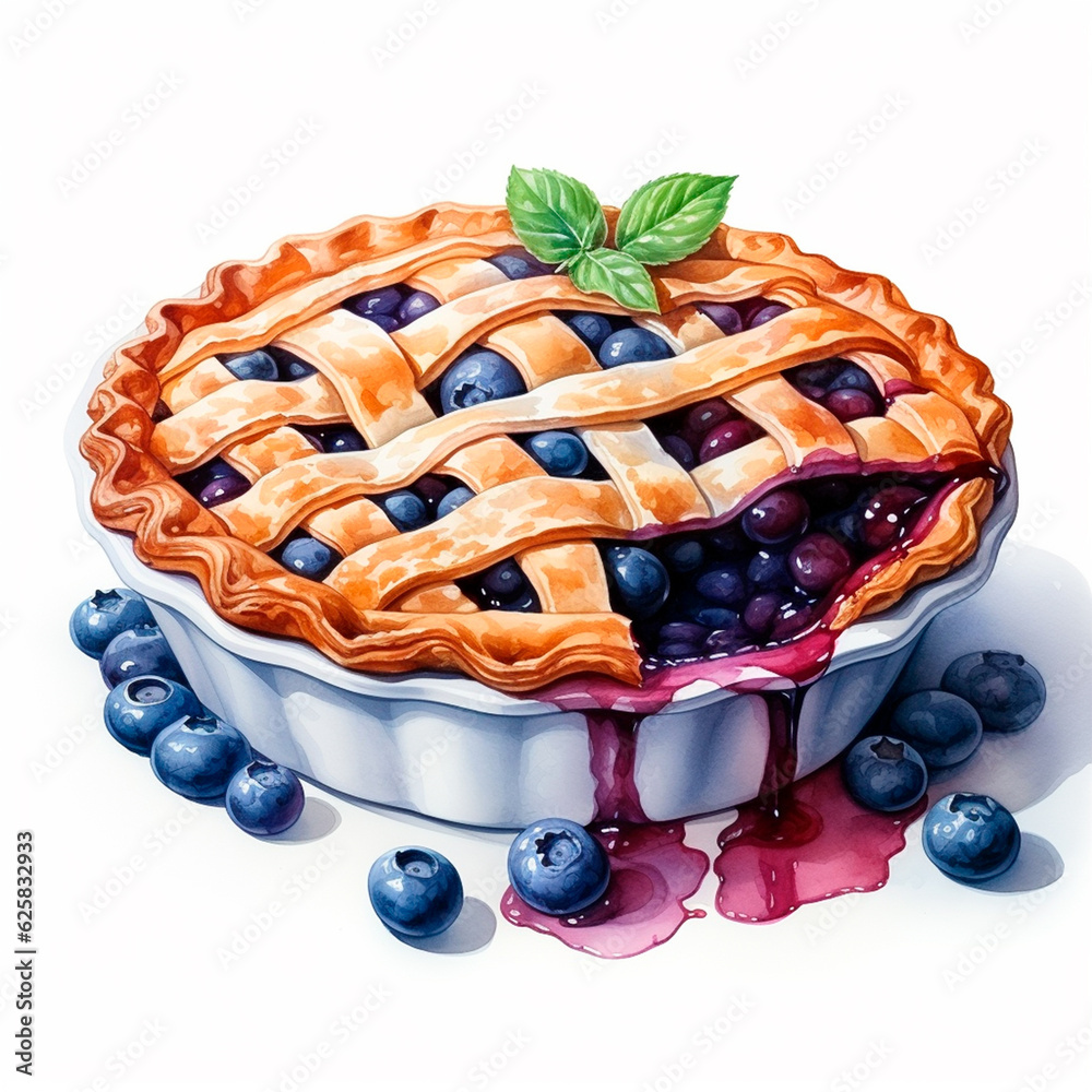 Blueberry pie. Watercolor autumn pie. Home cooking bakery cozy autumn ...