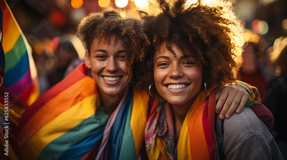 Couple on lgbt gay pride with rainbow flag. Generative Ai Stock Photo ...