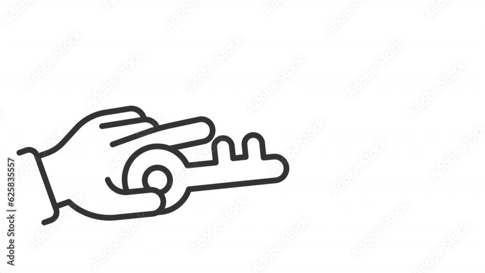 Key in hand animated icon. Holding out key line animation. Estate agent ...