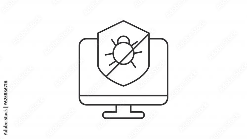 Antivirus software line animation. Computer monitor and shield with bug ...
