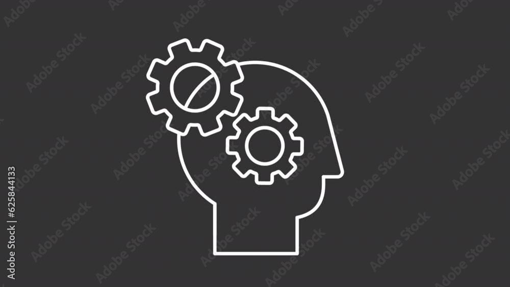 Implementation white line animation. Rotating gears inside human head ...