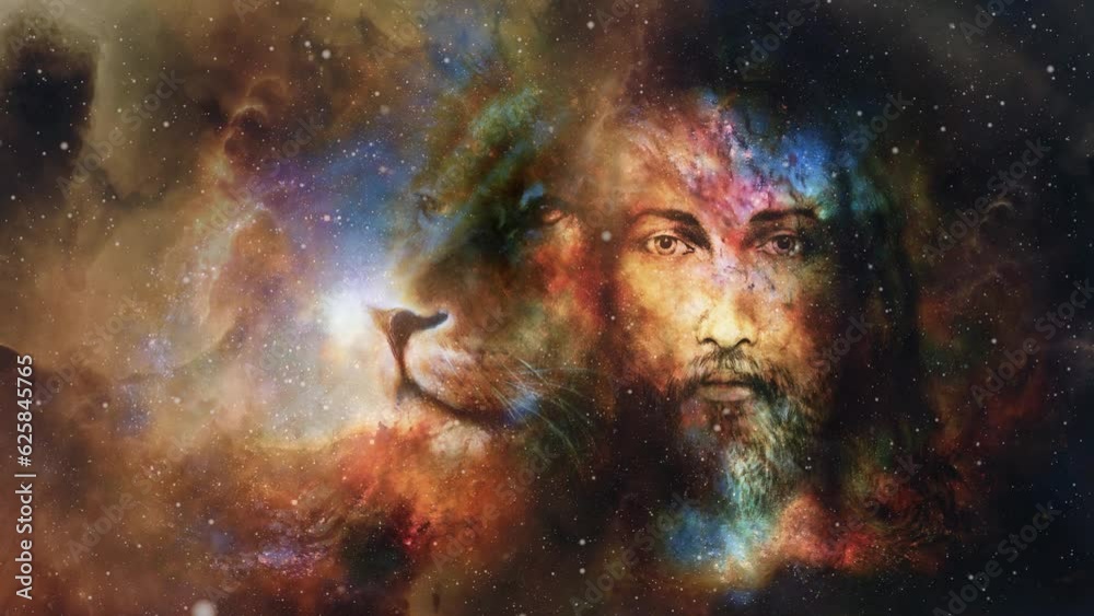 painting of Jesus with a lion, on beautiful cosmic background. Loop ...