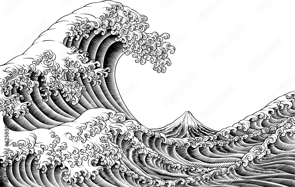 A Japanese great wave design in a vintage retro engraved etching ...