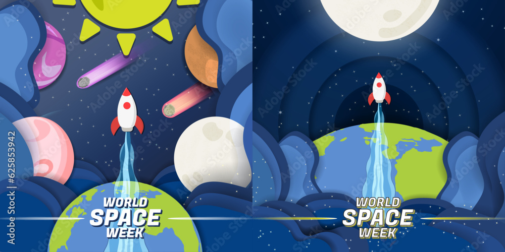 Set of World Space Week Colorful Paper Craft Art. Bright and Vivid ...