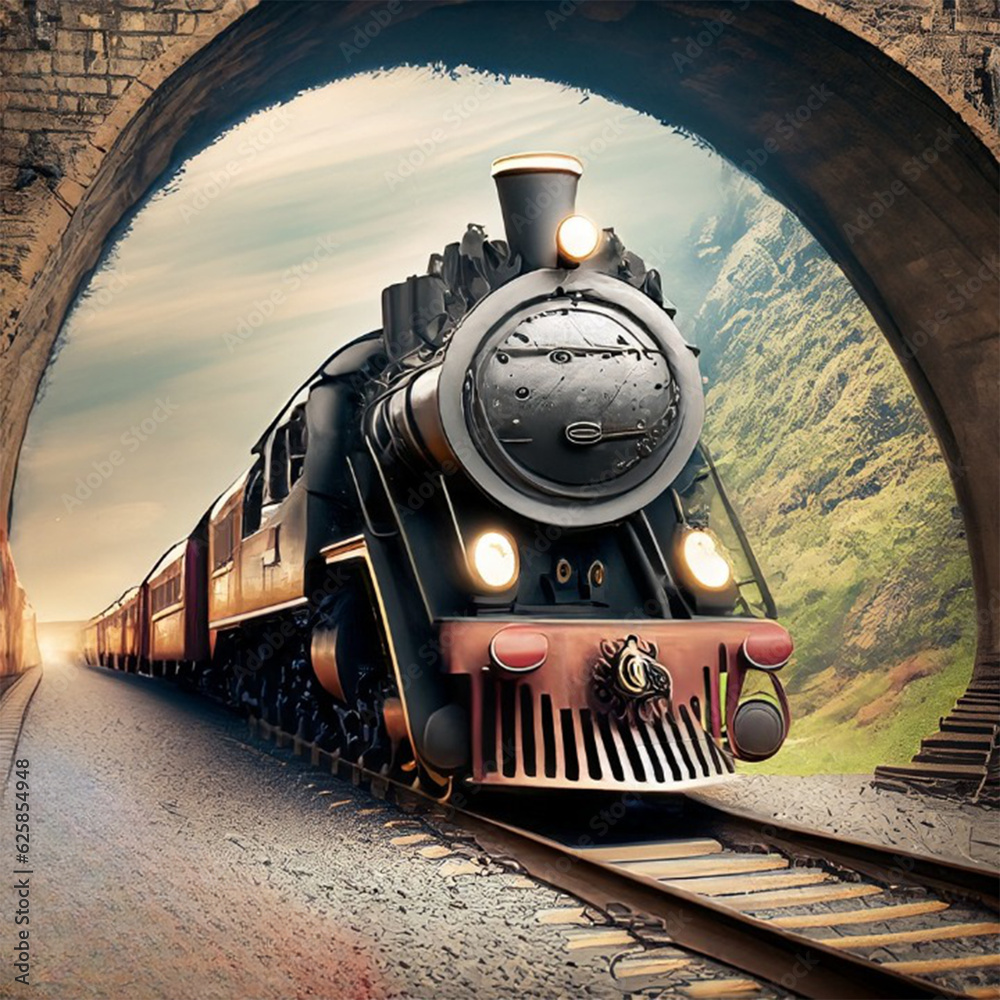 A vintage train traveling through a time tunnel, revealing glimpses of ...
