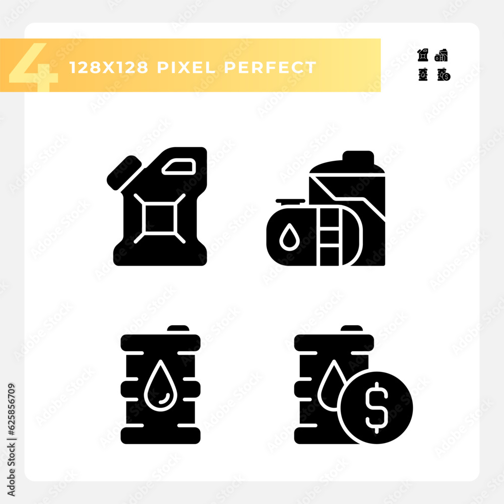 Fuel storage black glyph icons set on white space. Oil refining. Energy ...