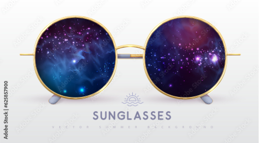Poster Realistic round shaped sunglasses with outer space, universe ...