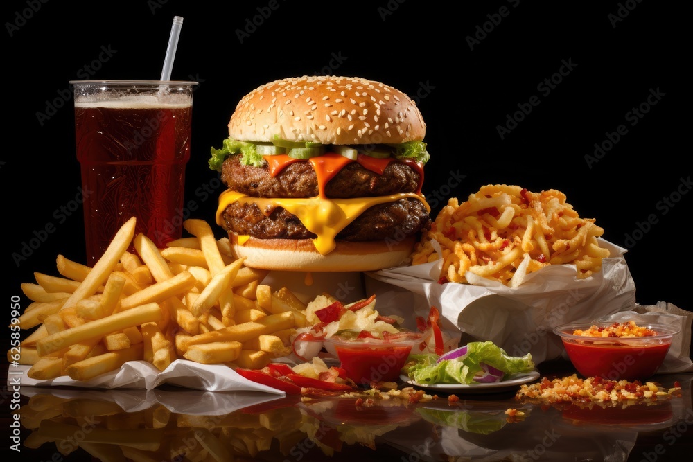 Junk fast food hamburger and french fries sugary juice bad health diet ...