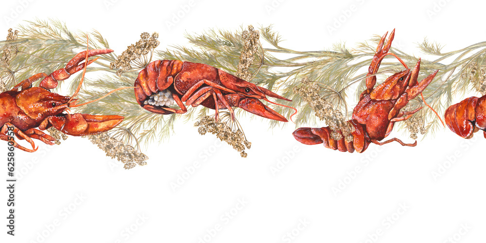 Seamless border, banner of boiled crayfish and dill. Watercolor ...