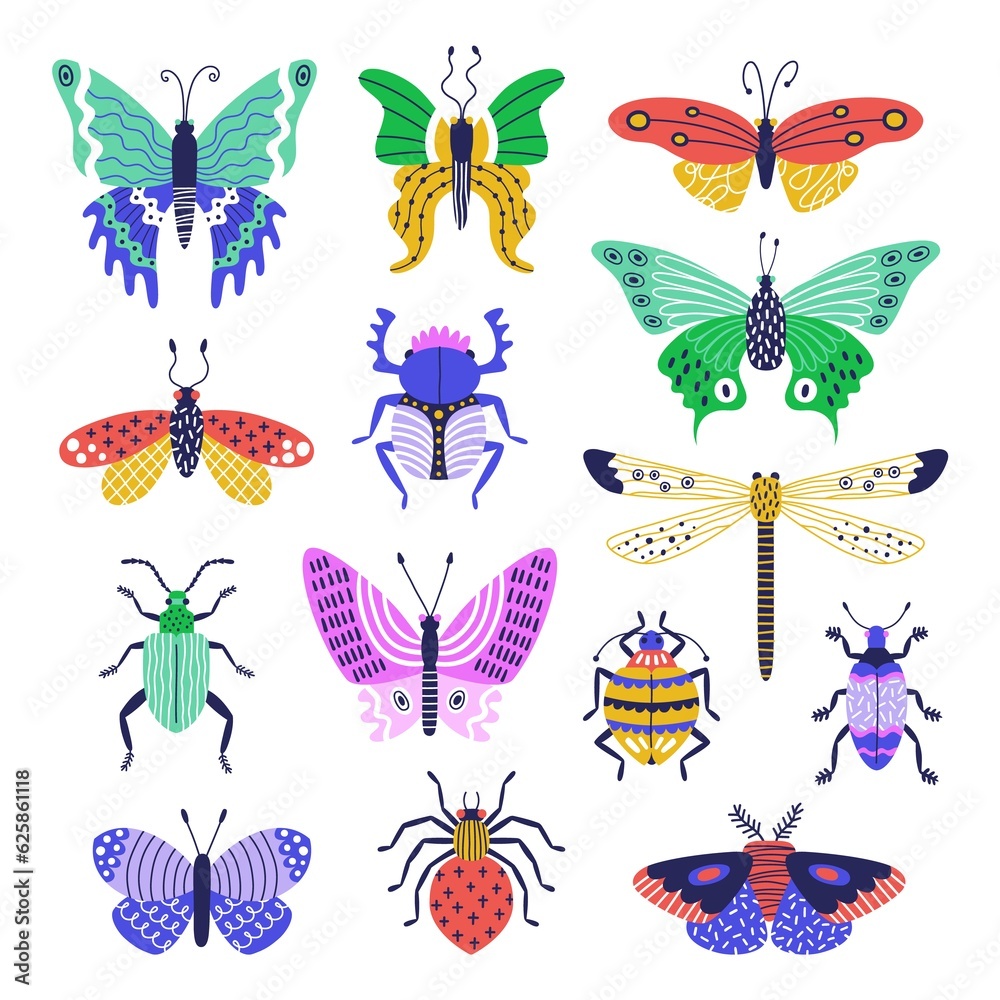 Bright colored butterflies and insects. Cartoon trendy bugs and beetles ...