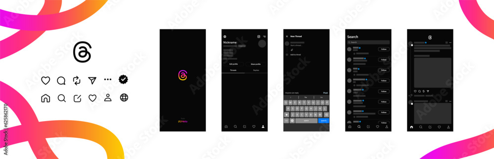 Vetor de Threads social media app. A set of UI mockup screens. Screen ...