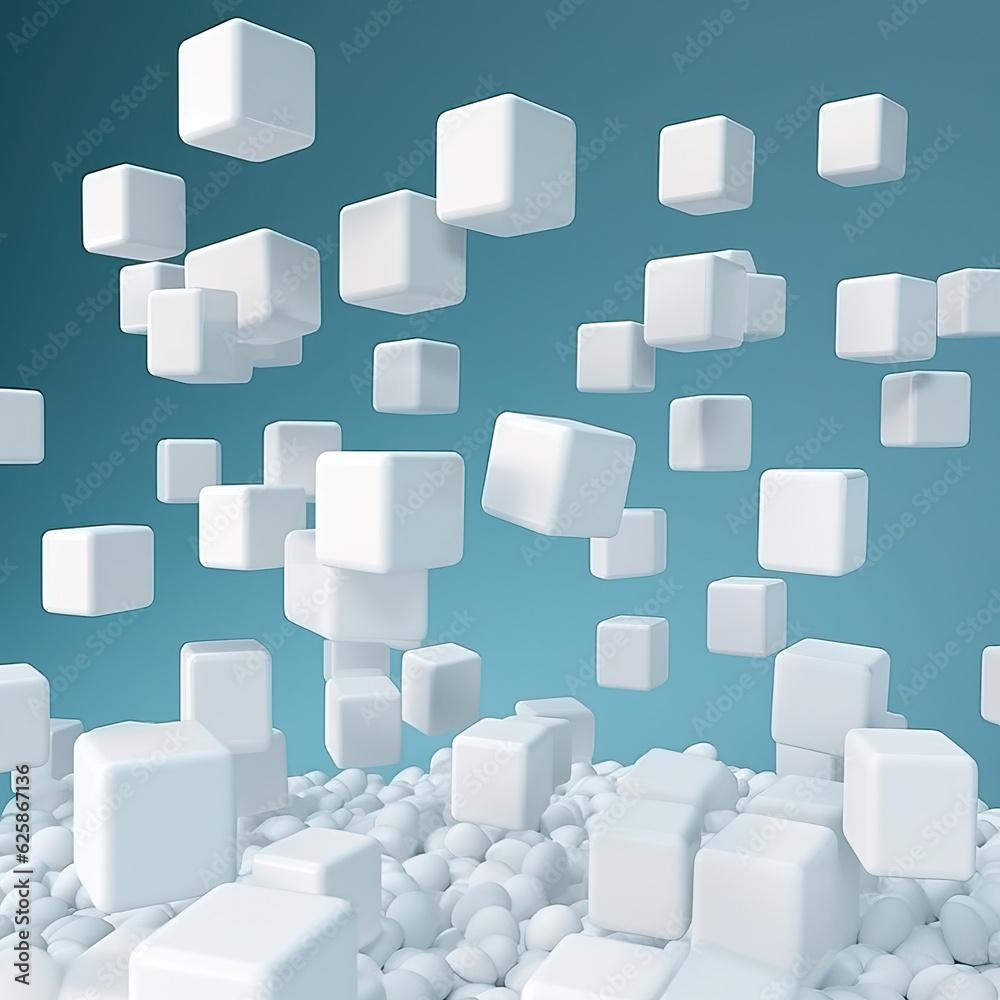 3D white cubes with rounded corners levitate in the air,abstract blue ...