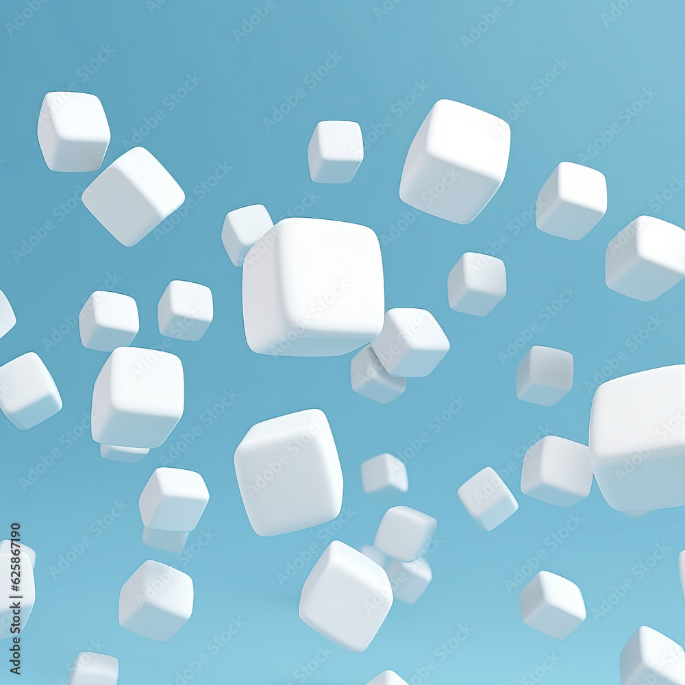 3D white cubes with rounded corners levitate in the air,abstract blue ...