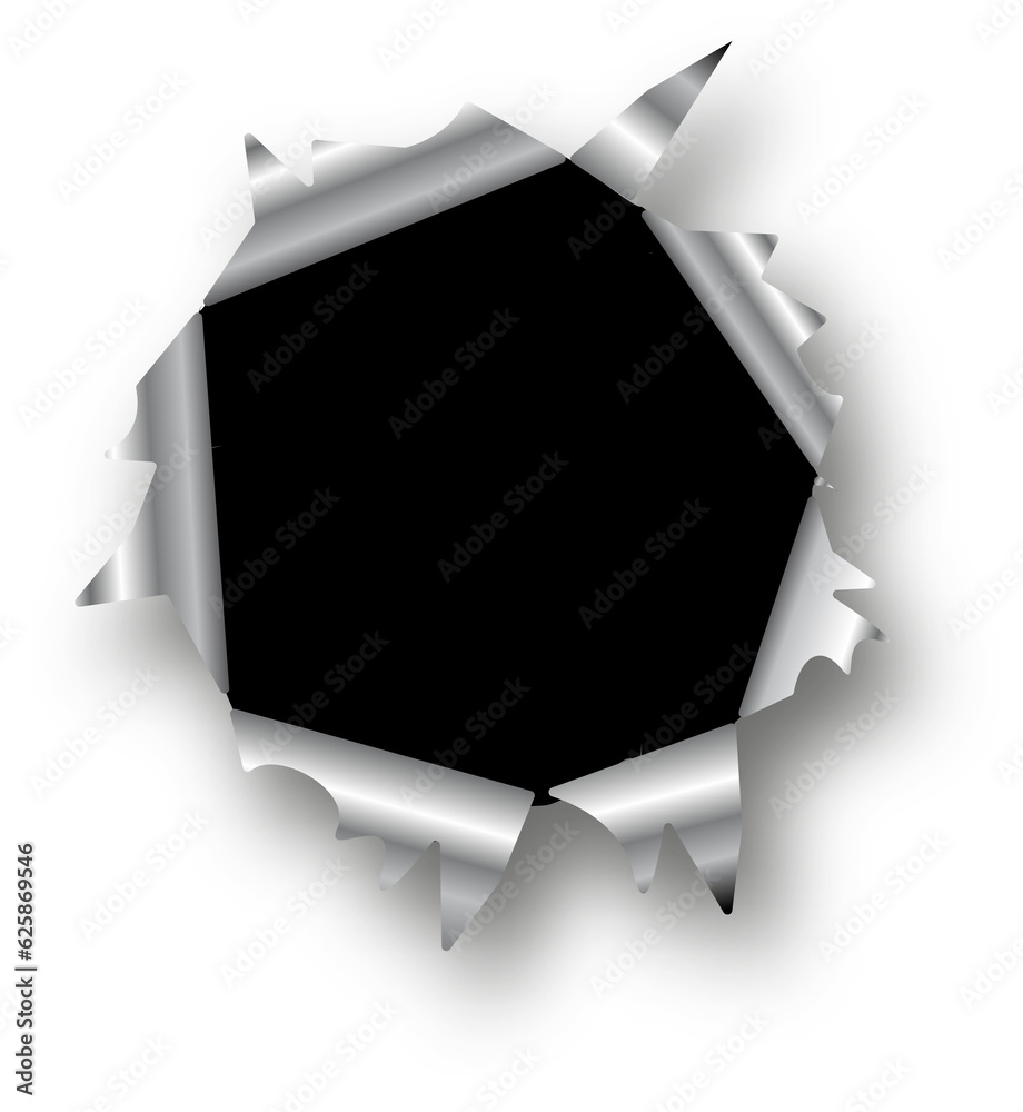 Ragged hole in metal from bullets. Bullet hole. Realistic metal bullet ...