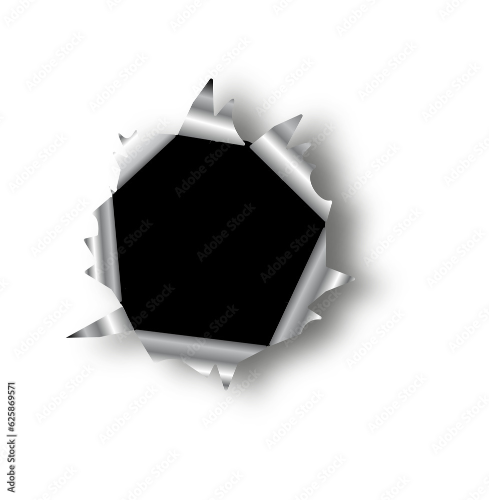 Ragged hole in metal from bullets. Bullet hole. Realistic metal bullet ...