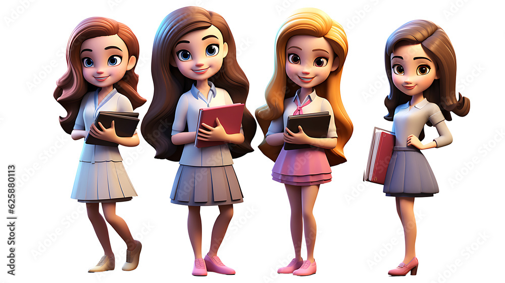 Student Girls: 3D Cartoon Character Group on Transparent background PNG ...